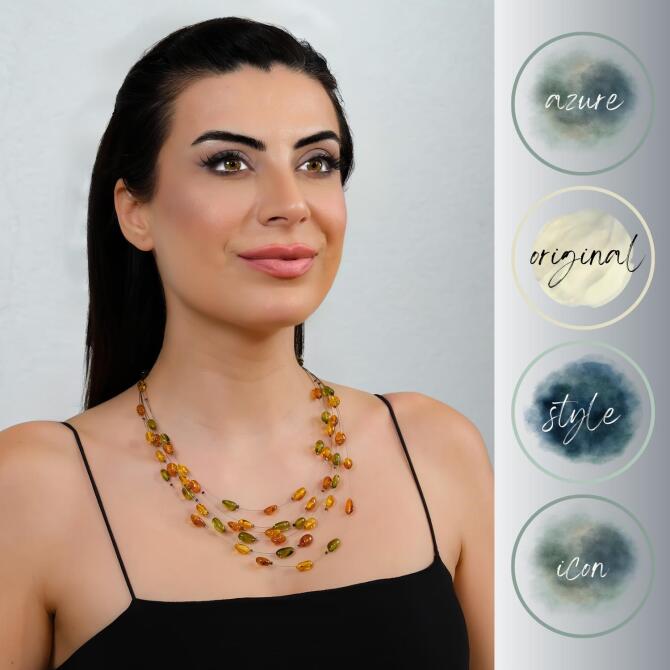 Azure Jewel 6 Sıralı Karayip ve Bal Damla Taneli Kehribar Kolye